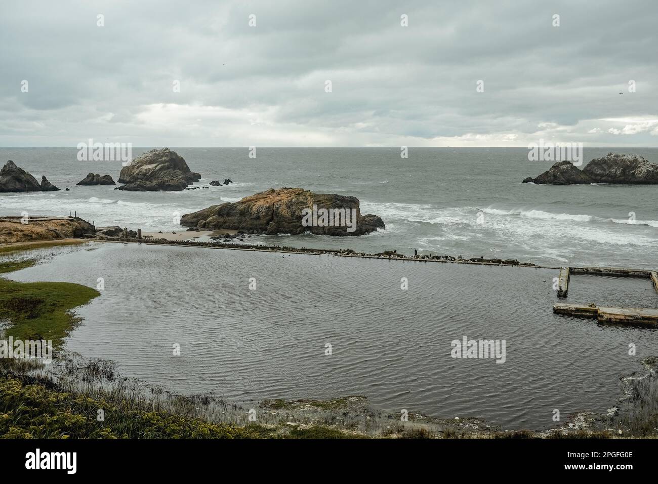 A general view of the Sutro Baths ruins perched on the rocky shoreline ...
