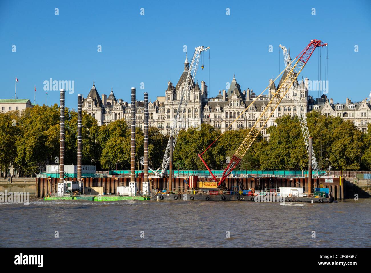 Thames Tideway Tunnel under construction at Victoria Embankment, London ...