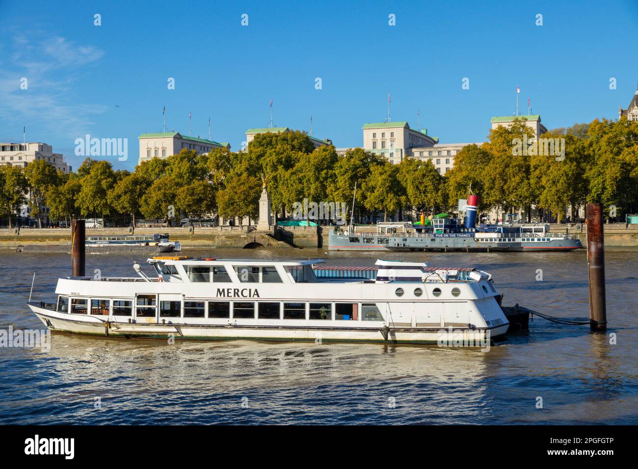 Passenger ship 'Mercia' moored near Waterloo Bridge with the Ministry ...