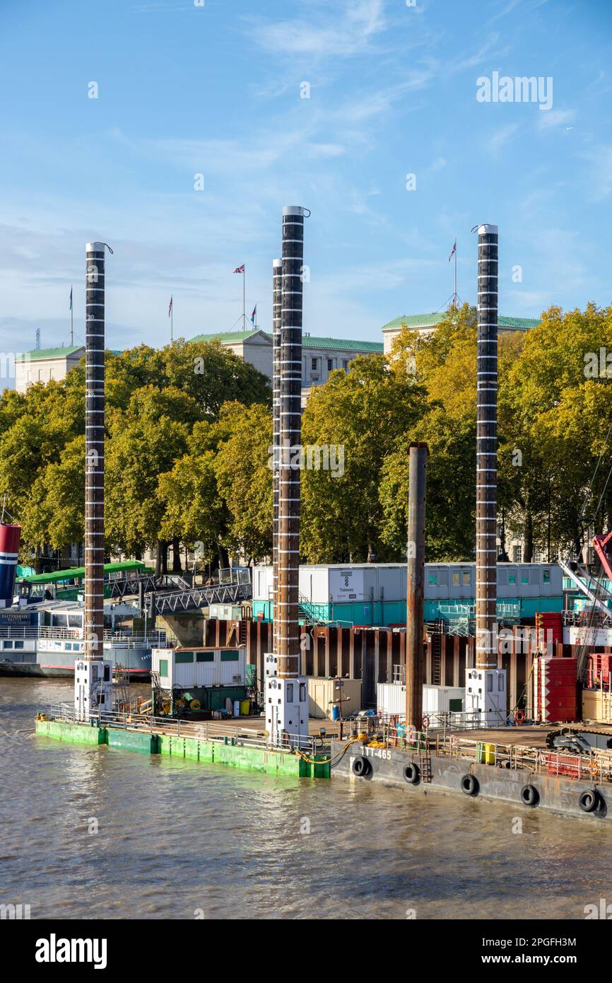 Thames Tideway Tunnel under construction at Victoria Embankment, London ...