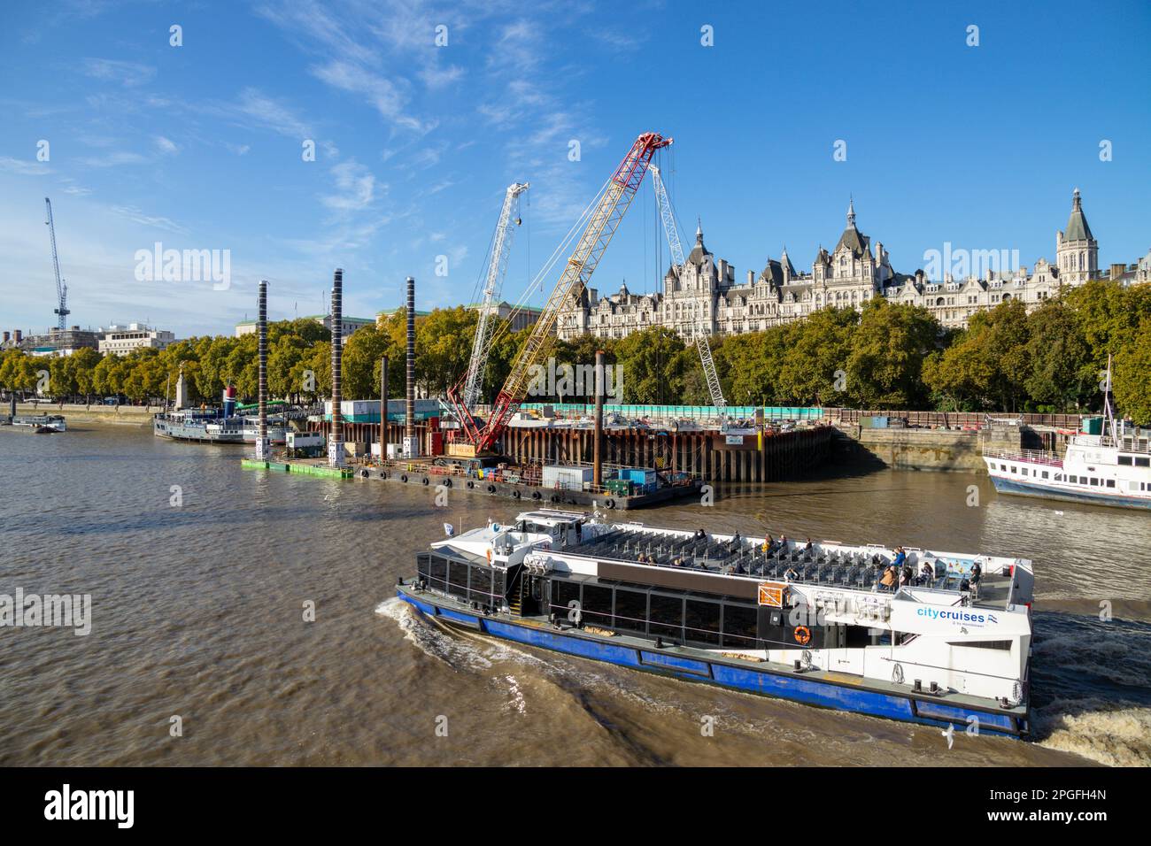 Thames Tideway Tunnel under construction at Victoria Embankment, London ...
