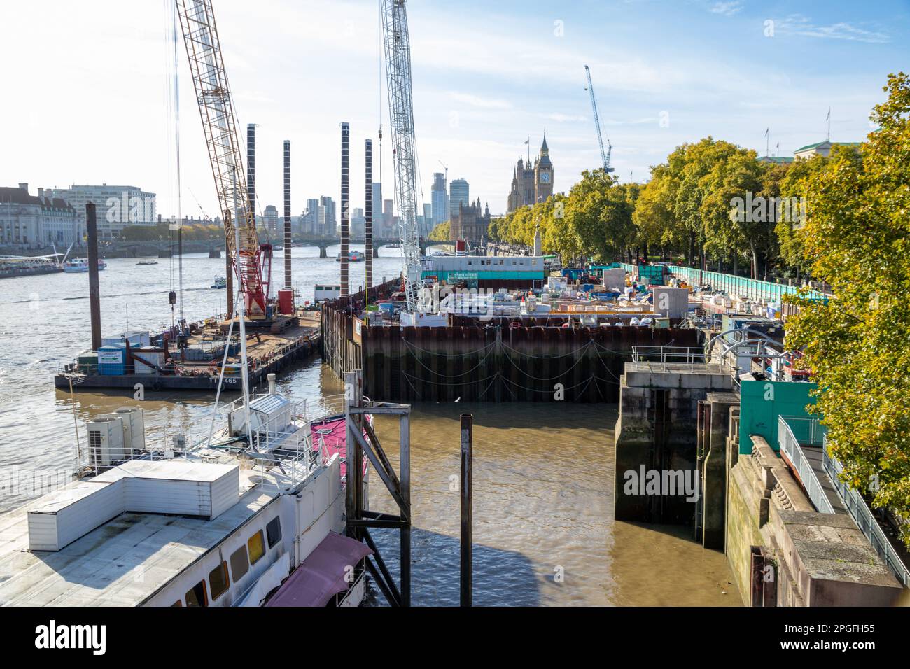 Thames Tideway Tunnel under construction at Victoria Embankment, London ...