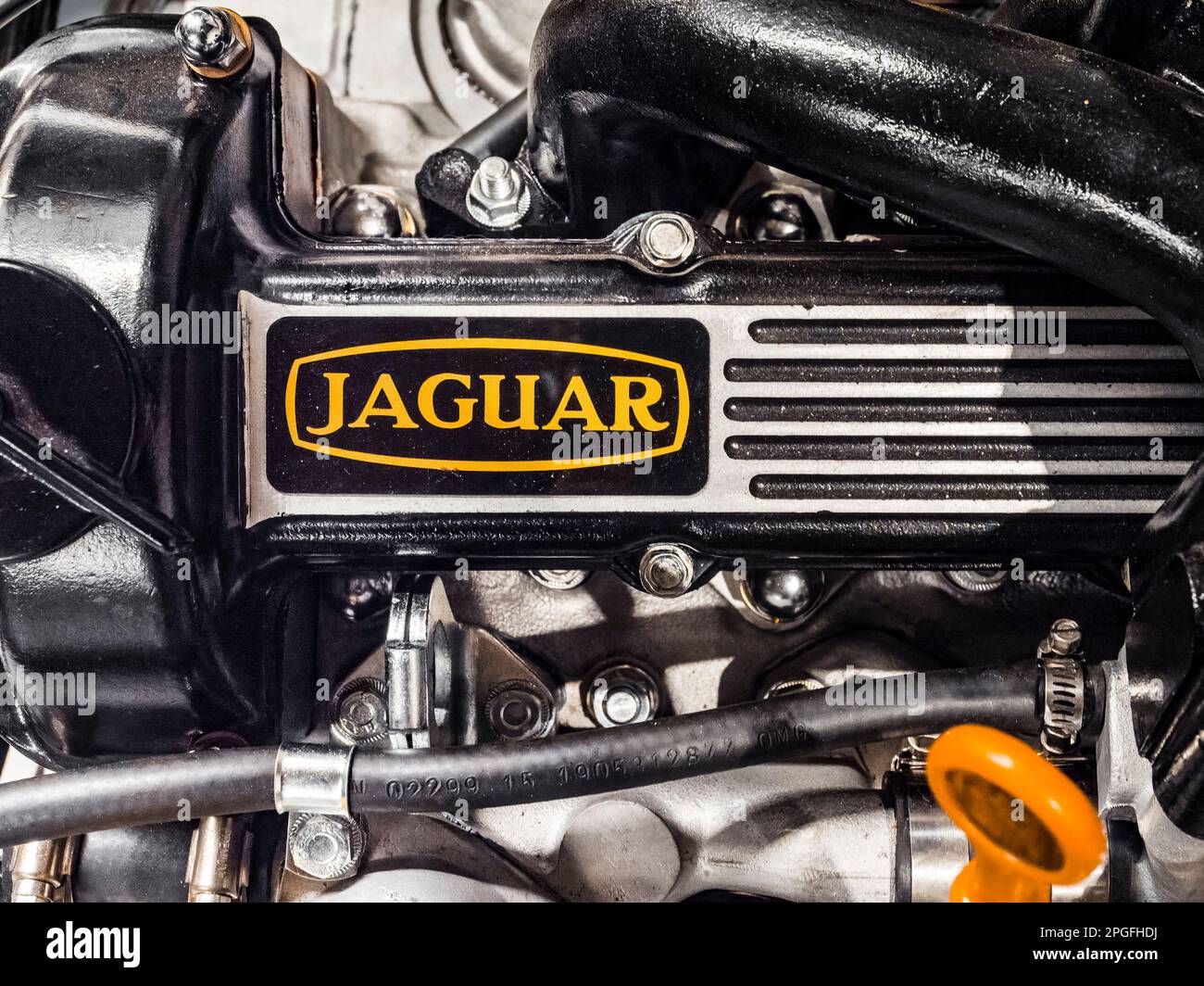 Detail of a restored engine from a Jaguar E-Type classic sports car ...