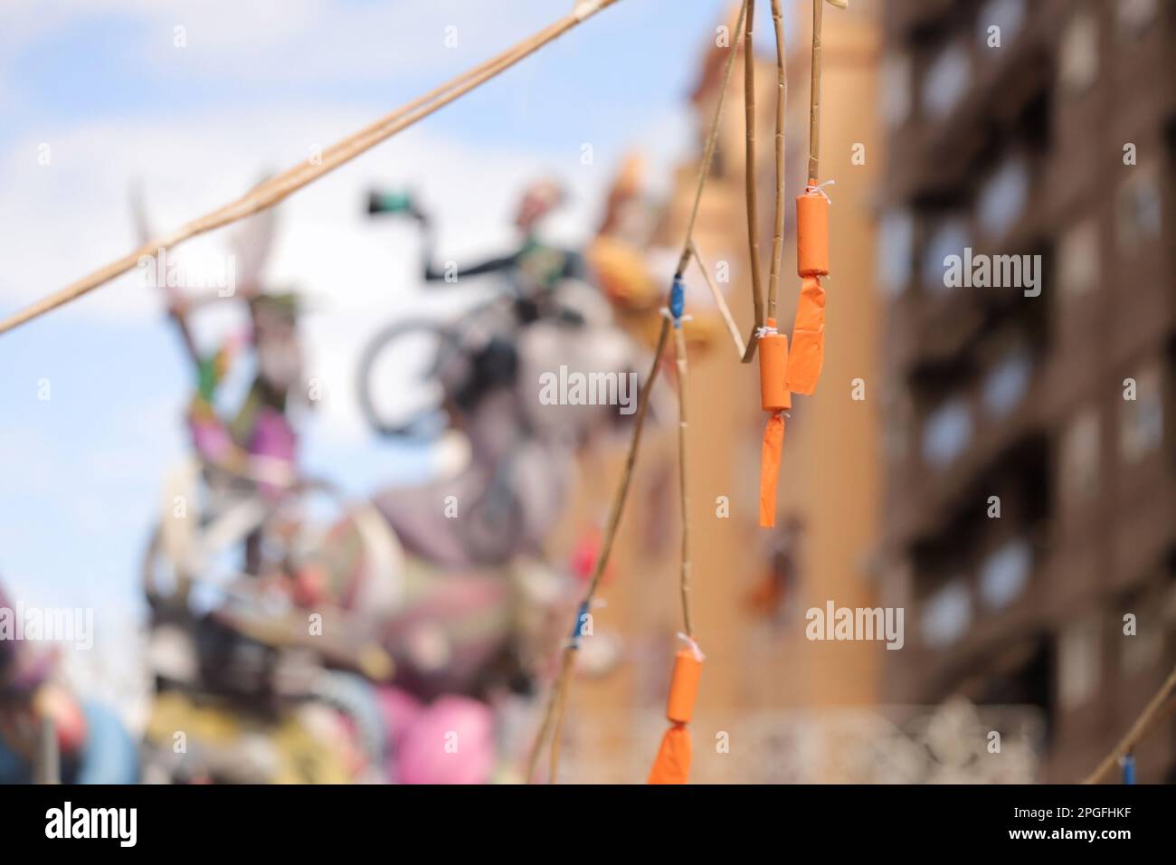 An urban street scene of the traditional celebration of Fallas festival ...