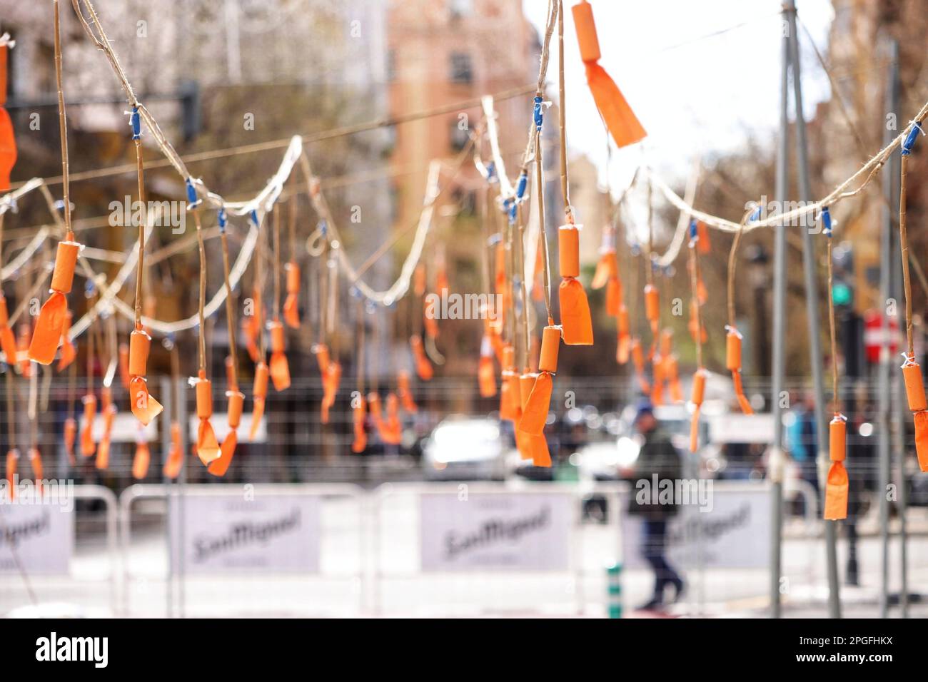 An urban street scene of the traditional celebration of Fallas festival ...