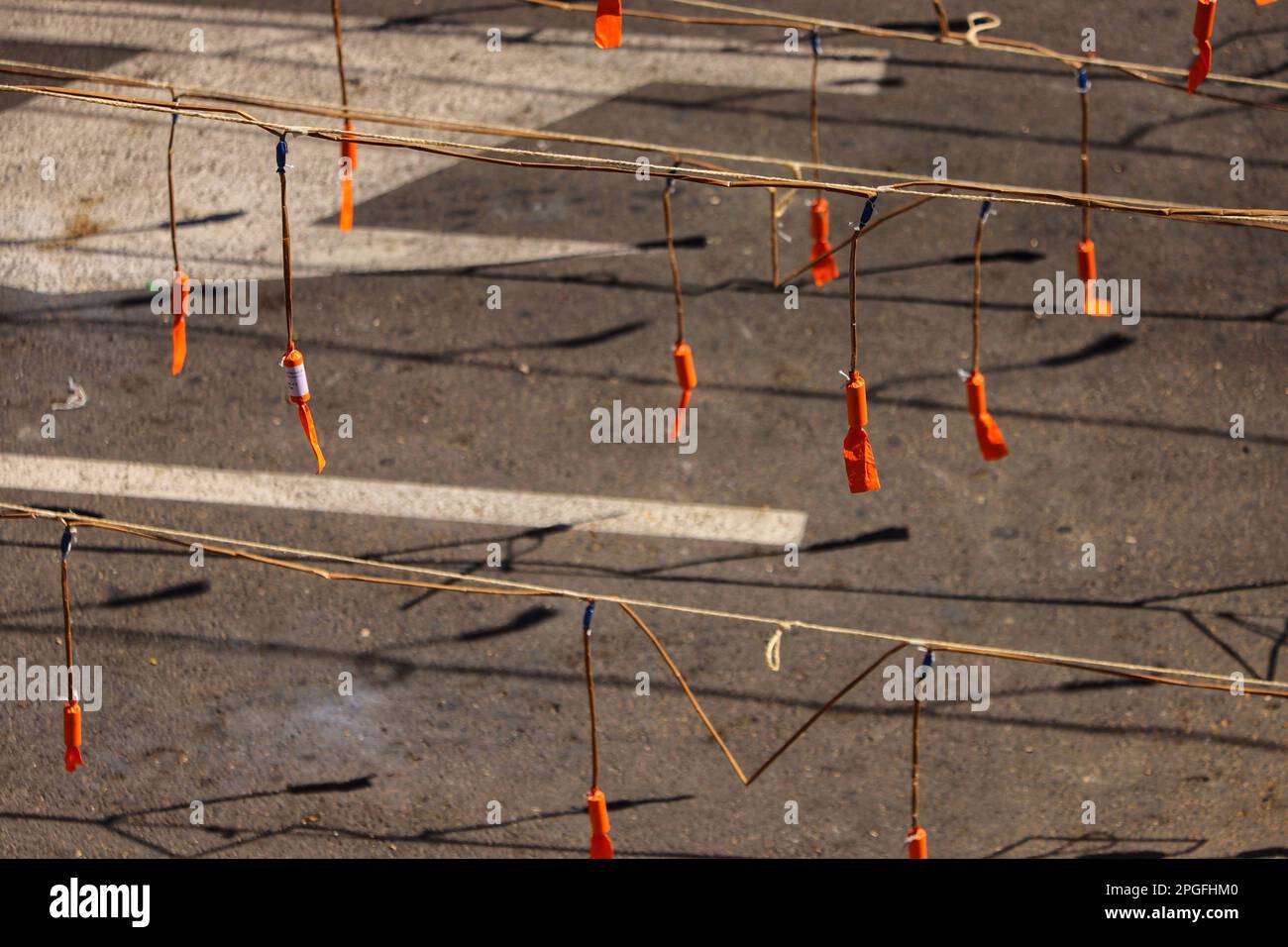 An urban street scene of the traditional celebration of Fallas festival ...