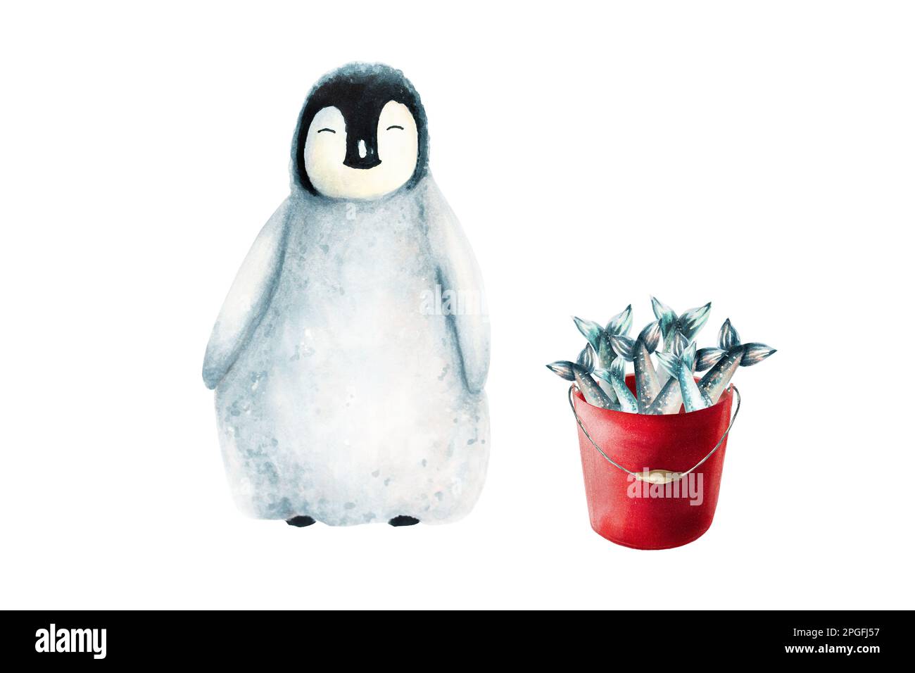 Watercolor little penguin with red bucket full of fish. For designers ...