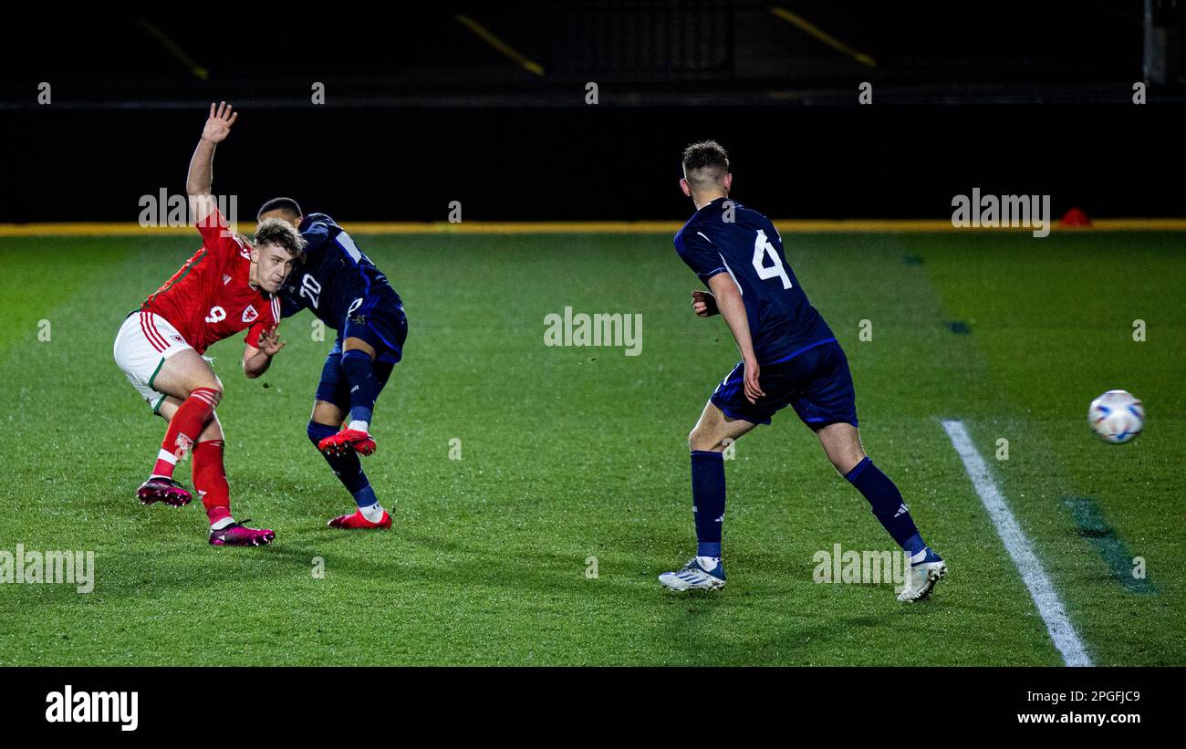 Newport, UK. 22nd Mar, 2023. Iwan Morgan of Wales with a shot on goal ...