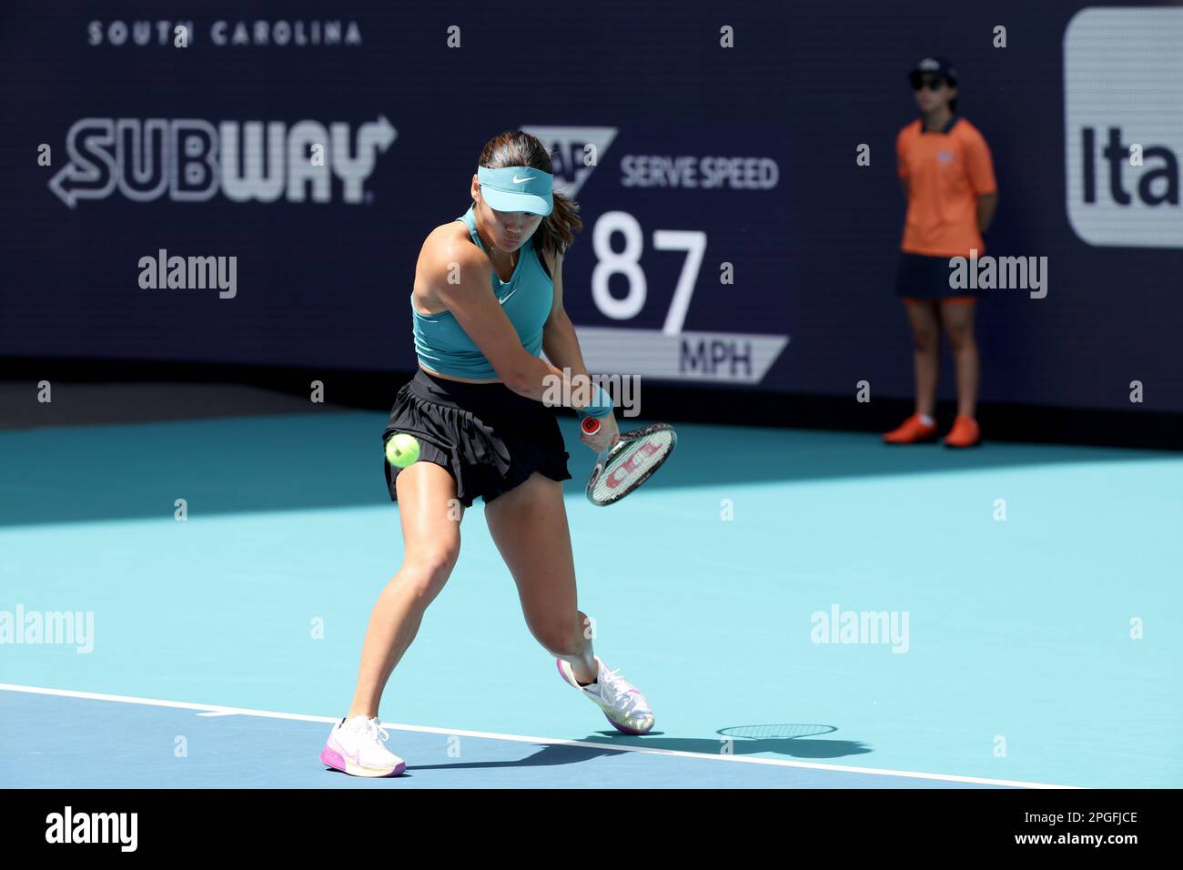 MIAMI GARDENS, FLORIDA - MARCH 22: Bianca Andreescu of Canada defeats Emma Raducanu of Great ...