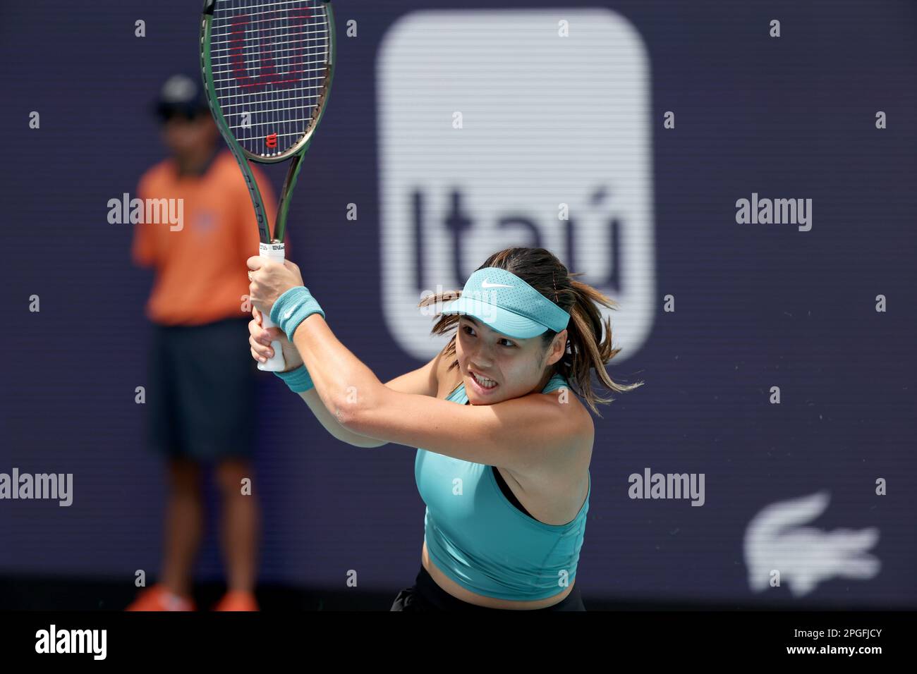 MIAMI GARDENS, FLORIDA - MARCH 22: Bianca Andreescu of Canada defeats Emma Raducanu of Great ...