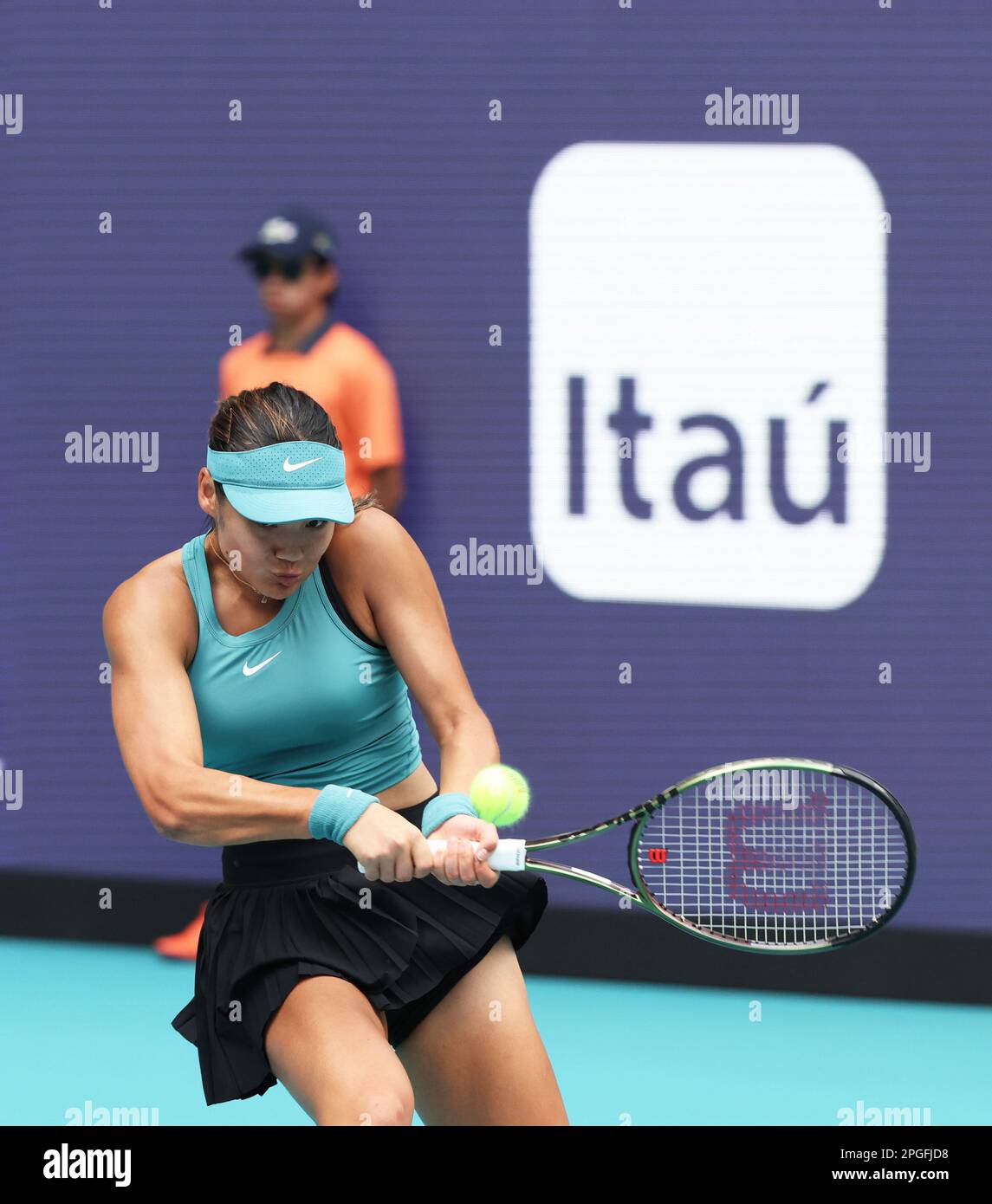 MIAMI GARDENS, FLORIDA - MARCH 22: Bianca Andreescu of Canada defeats Emma Raducanu of Great ...
