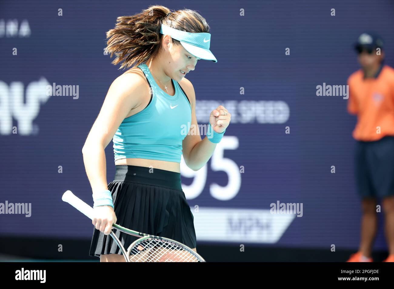 MIAMI GARDENS, FLORIDA - MARCH 22: Bianca Andreescu of Canada defeats Emma Raducanu of Great ...