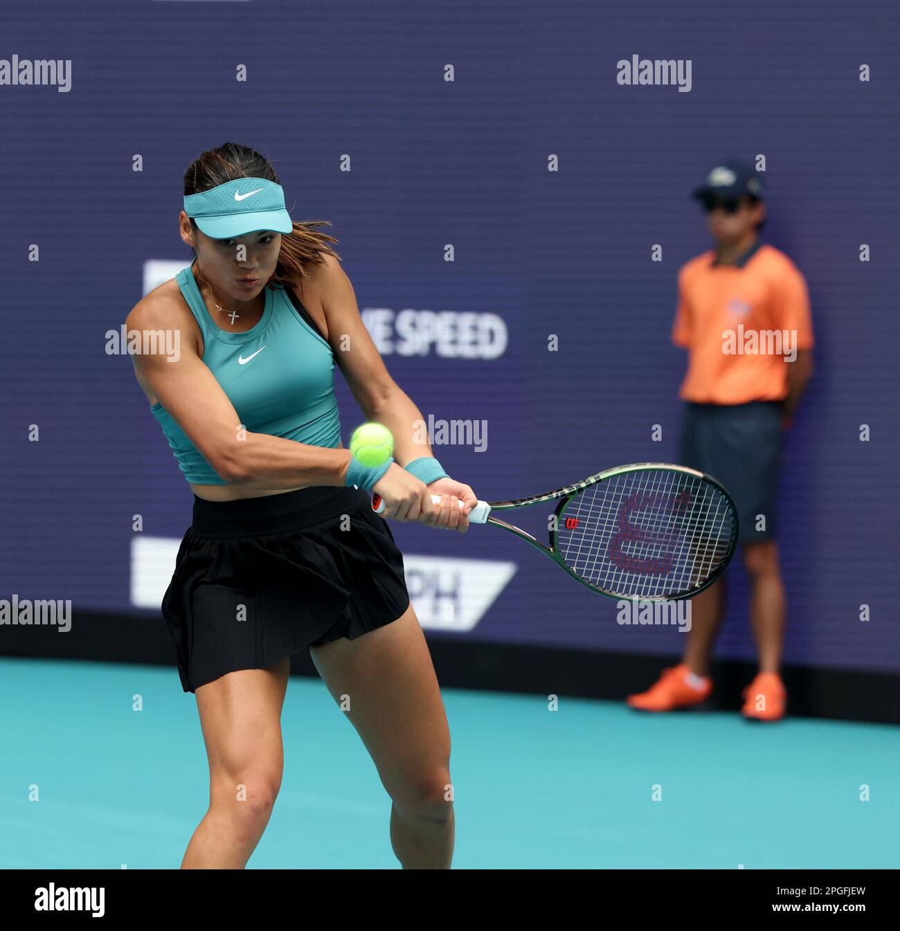 MIAMI GARDENS, FLORIDA - MARCH 22: Bianca Andreescu of Canada defeats Emma Raducanu of Great ...