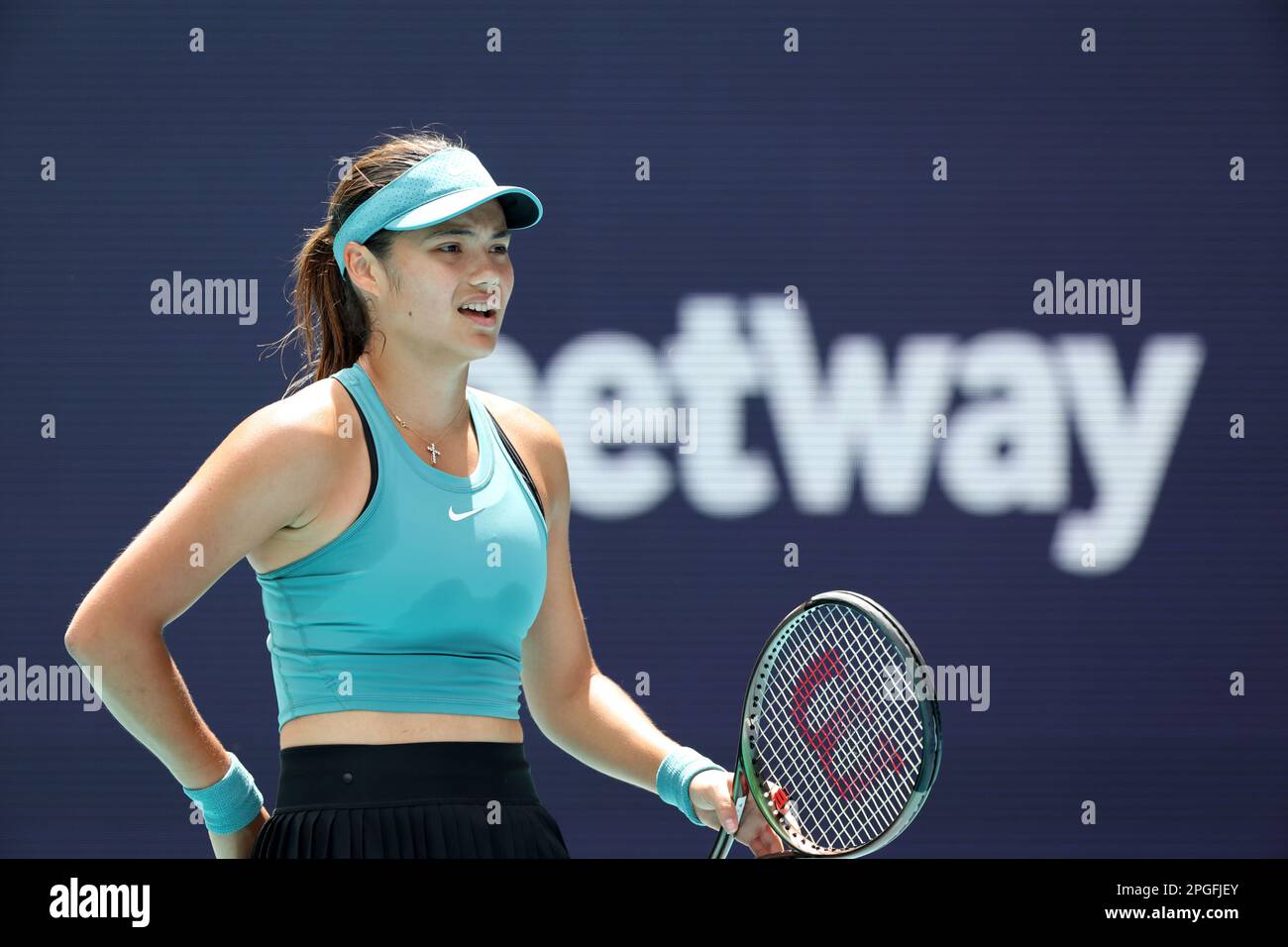 MIAMI GARDENS, FLORIDA - MARCH 22: Bianca Andreescu of Canada defeats Emma Raducanu of Great ...