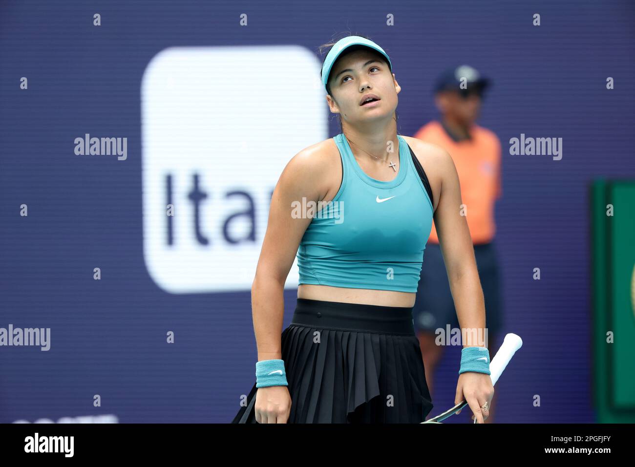 MIAMI GARDENS, FLORIDA - MARCH 22: Bianca Andreescu of Canada defeats Emma Raducanu of Great ...