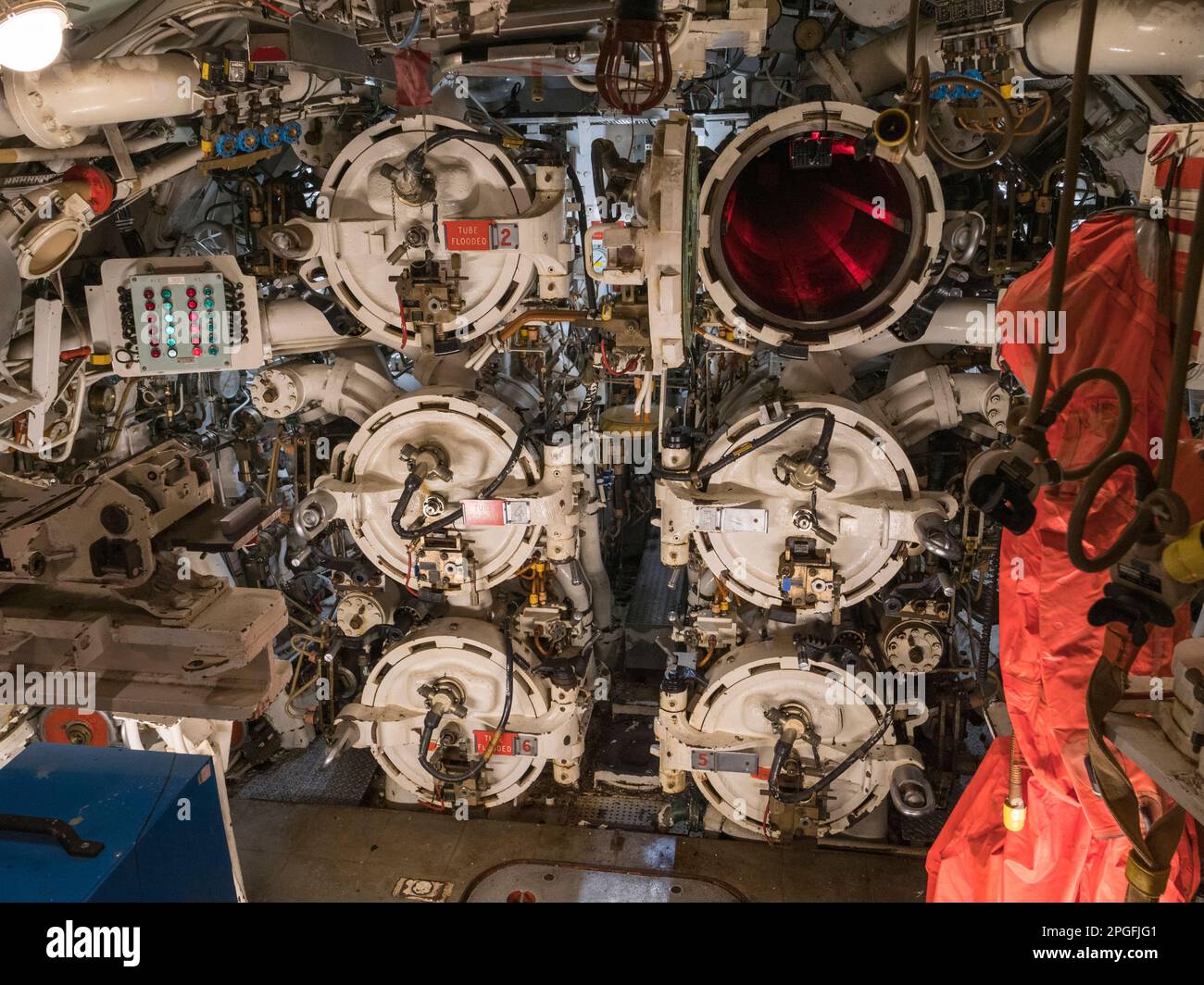 Torpedo tubes inside HMS Ocelot in the Historic Dockyard Chatham, Kent ...