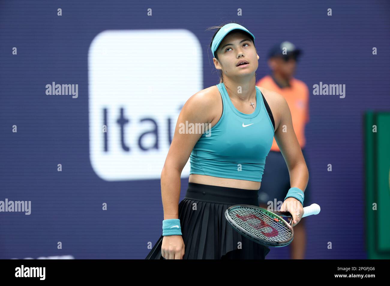 MIAMI GARDENS, FLORIDA - MARCH 22: Bianca Andreescu of Canada defeats Emma Raducanu of Great ...