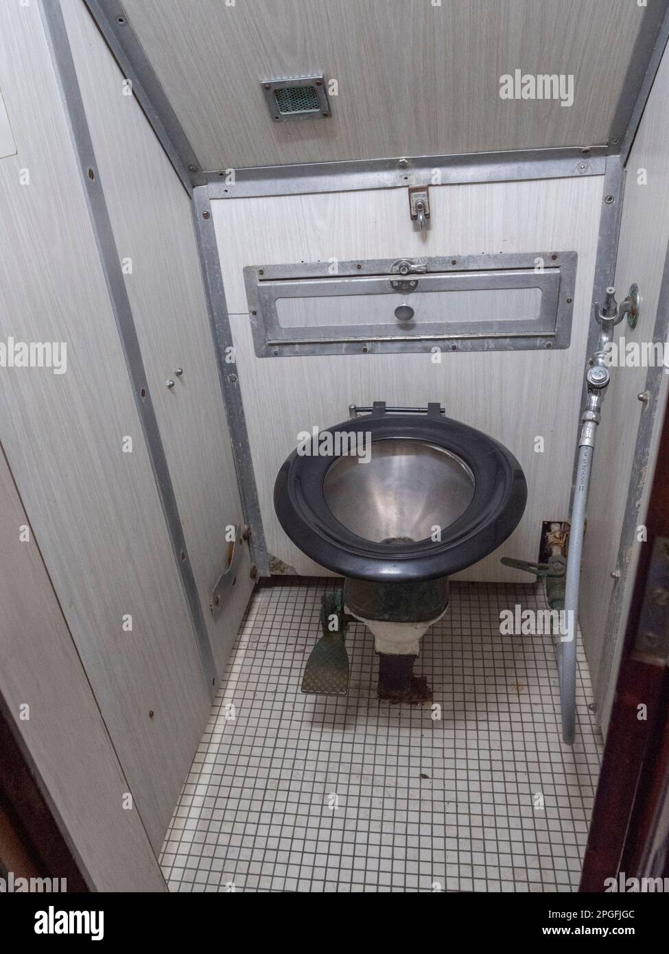 Steel toilet inside HMS Ocelot in the Historic Dockyard Chatham, Kent ...