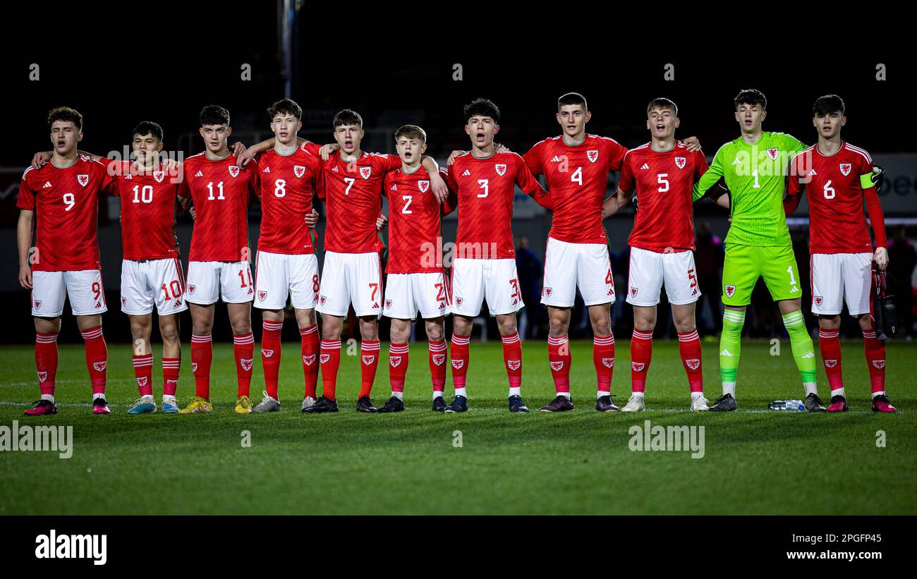 Newport, UK. 22nd Mar, 2023. Wales lineup for the national anthem. Scotland v Wales in the UEFA ...