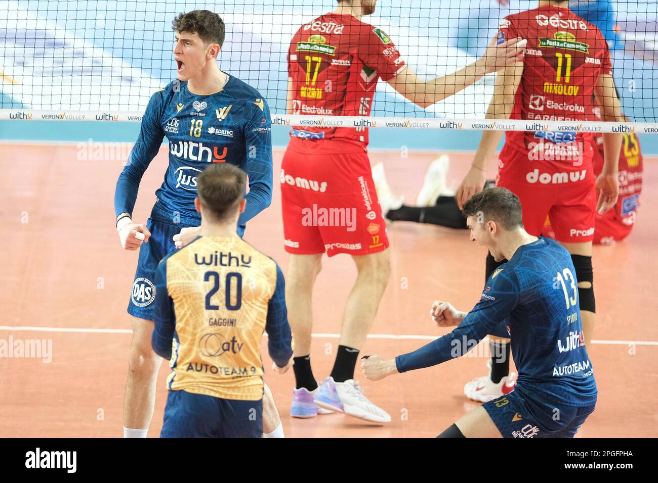 Verona, Italy. 22nd Mar, 2023. Exultation of Leandro Mosca - WithU Verona during Playoff - WithU ...