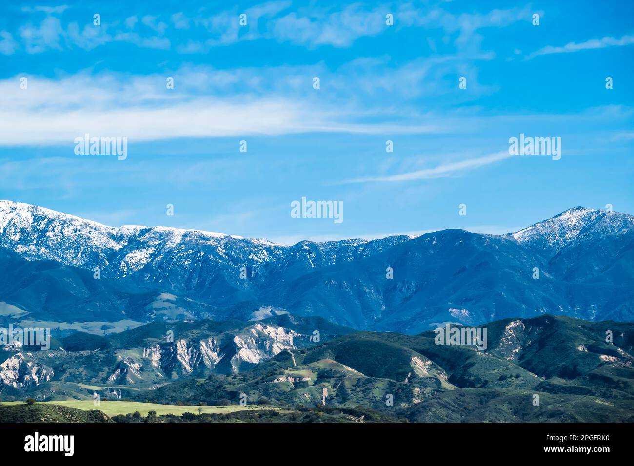 The snow covered peaks of the Santa Ynez mountains in winter after an ...