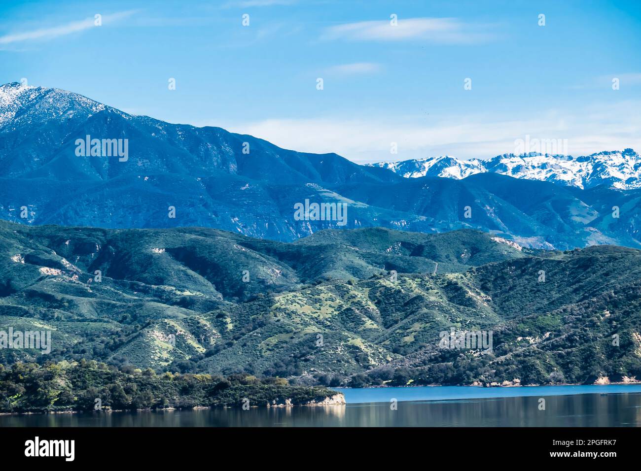 The snow covered peaks of the Santa Ynez mountains in winter after an ...