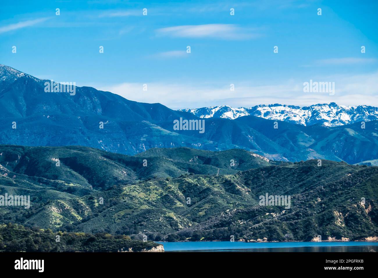 The snow covered peaks of the Santa Ynez mountains in winter after an ...