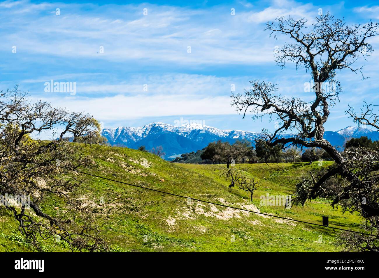The snow covered peaks of the Santa Ynez mountains in winter after an ...