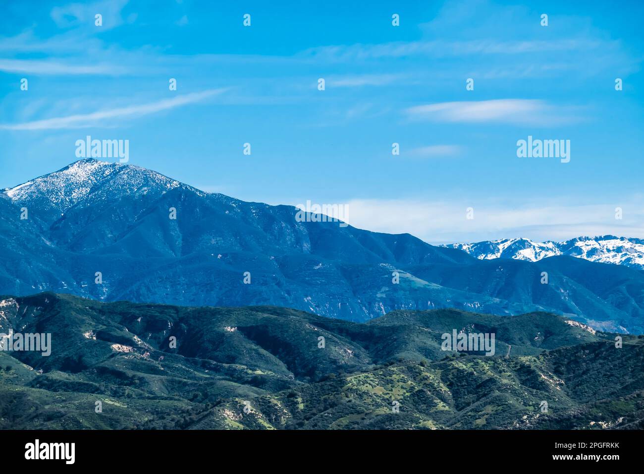 The snow covered peaks of the Santa Ynez mountains in winter after an ...