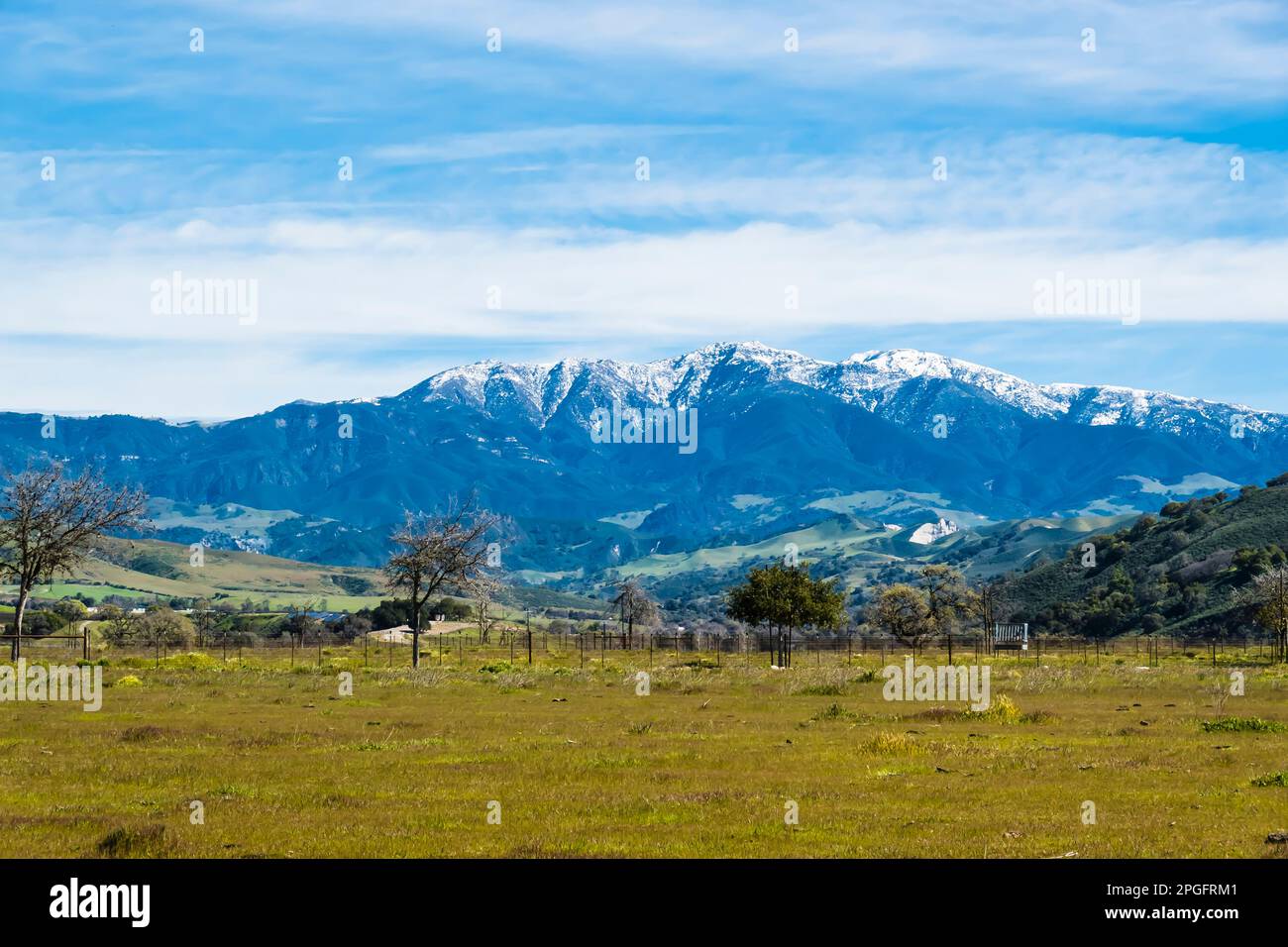 The snow covered peaks of the Santa Ynez mountains in winter after an ...