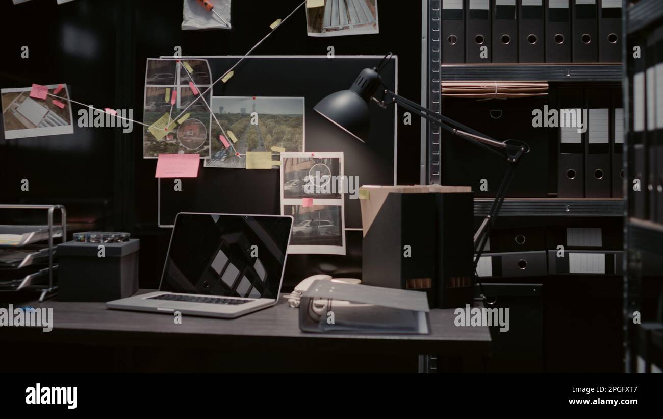 Detective evidence map with case clues on wall in archive room, crime ...