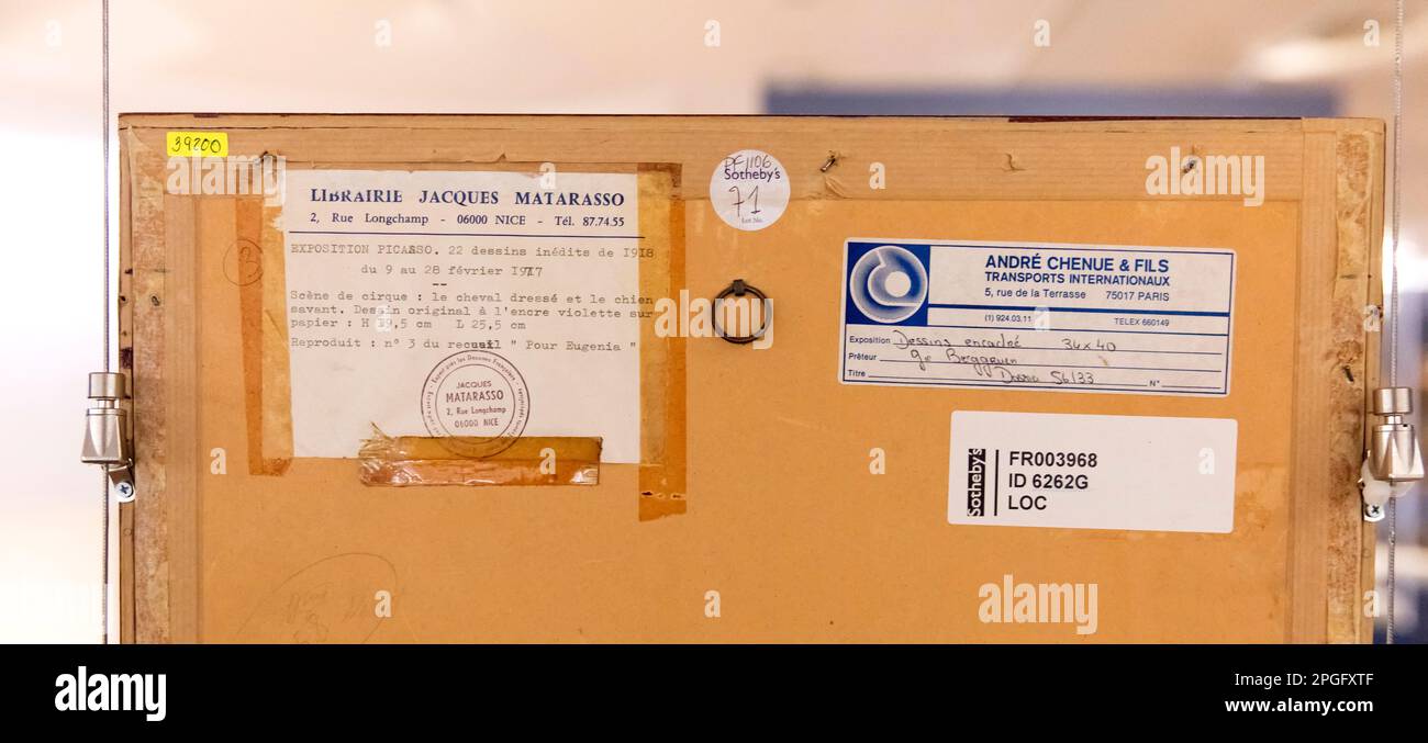 Provenance, auction and exhibition history labels on back of artwork ...