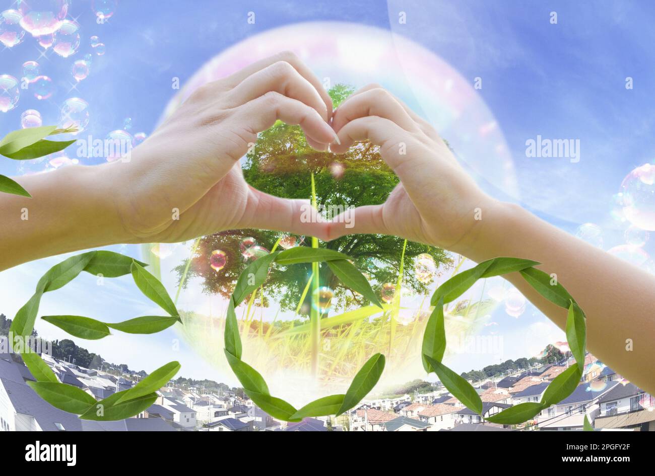 A conceptual image representing ecology in which there are hands ...