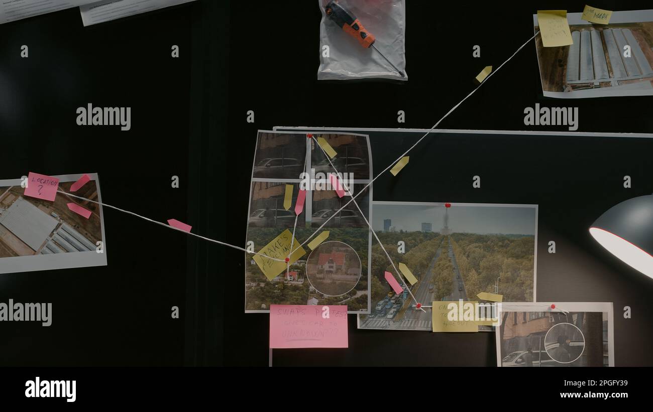 Empty detective office with clues and case files on board, evidence map ...