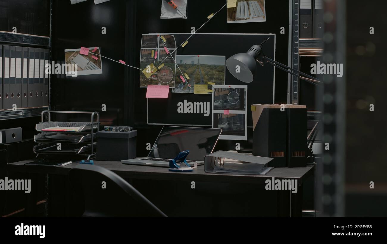 Evidence room office with detective board and desk, crime scene photos ...