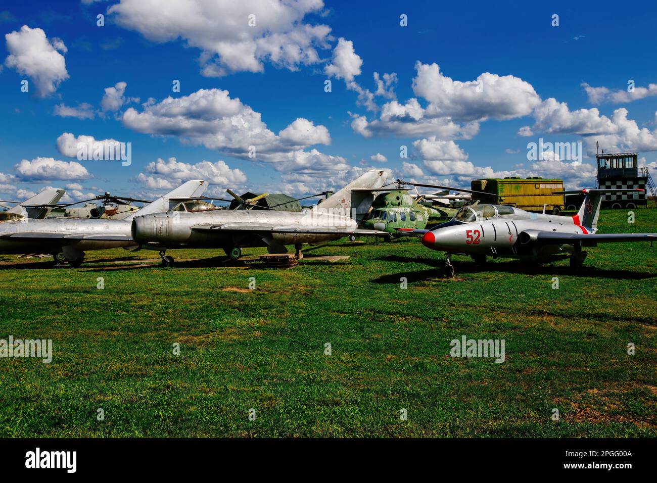 Old broken Soviet military fighter airplanes in abandoned airfield ...