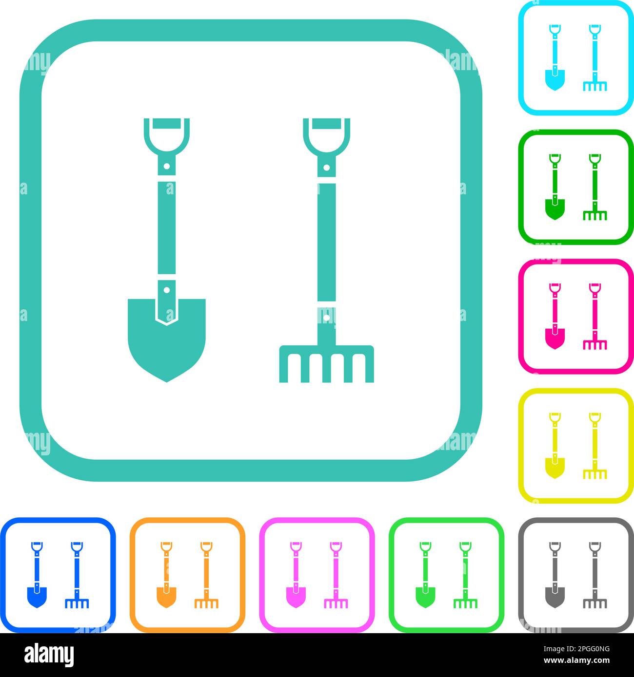 Shovel and rake vivid colored flat icons in curved borders on white ...