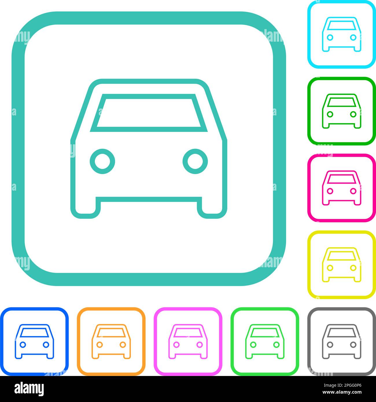 Single old car front view outline vivid colored flat icons in curved ...