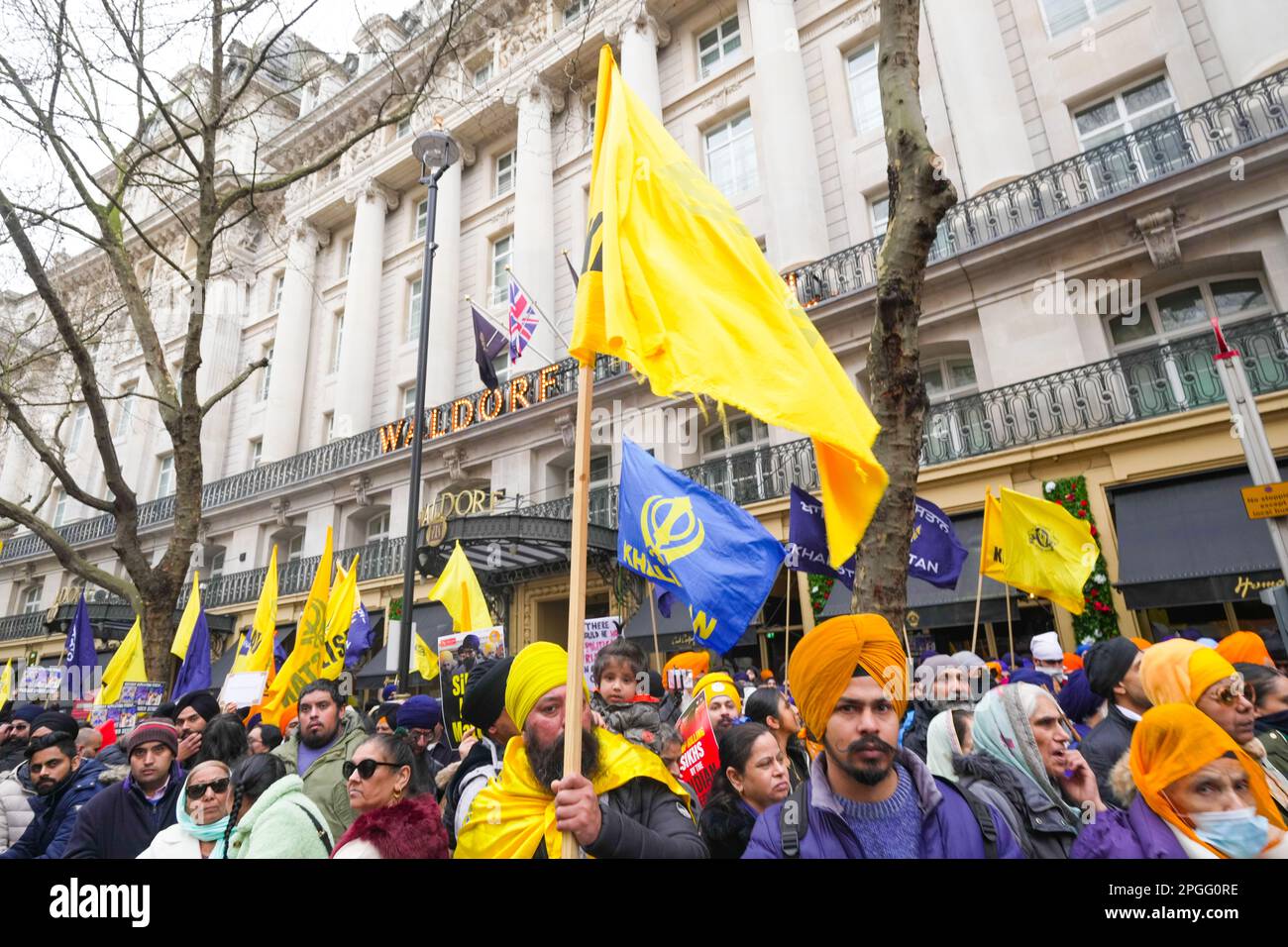 London, UK. 22nd Mar 2023. Yellow flags rising high at Indian High ...