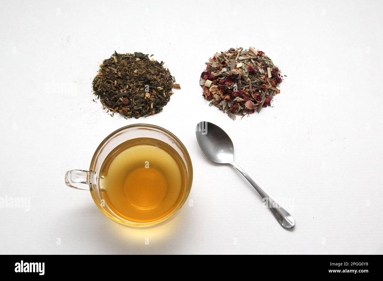 Glass cup for herbal tea preparation, infuser, spoon, dehydrated plants ...