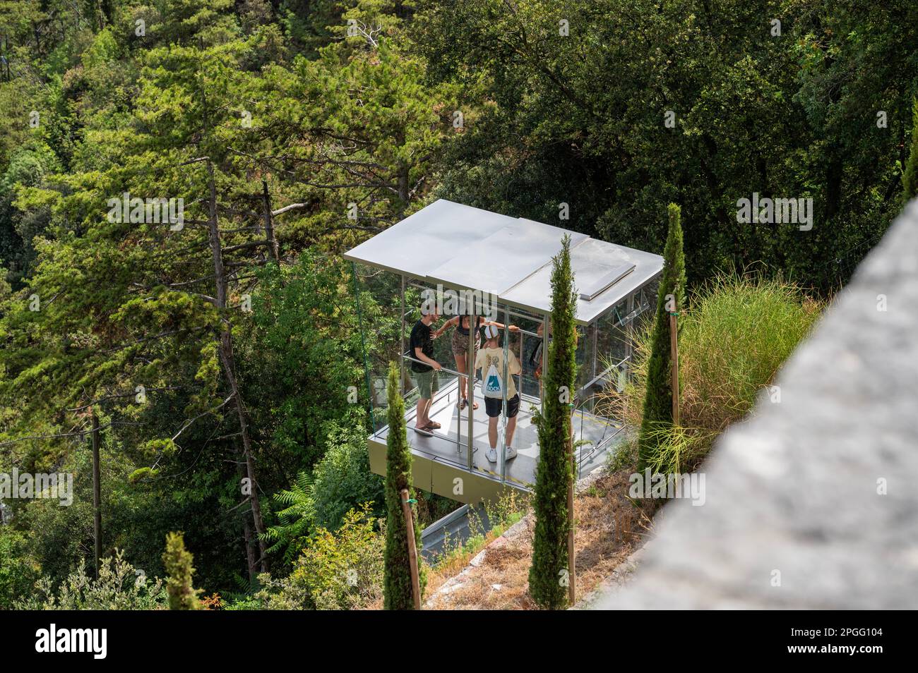 The Riva funicular, the Bastione Scenic Lift from Riva town on Lake ...
