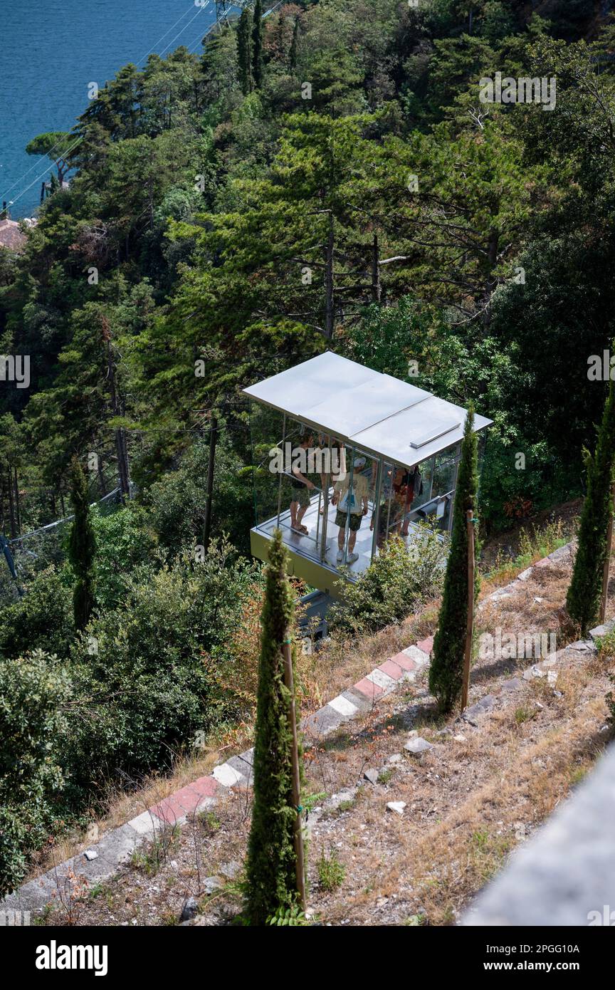 The Riva funicular, the Bastione Scenic Lift from Riva town on Lake ...