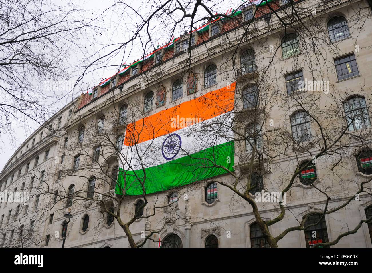 London, UK. 22nd Mar 2023. Large flag of India at Indian High ...
