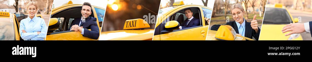 Collage of young taxi drivers and cars outdoors Stock Photo - Alamy
