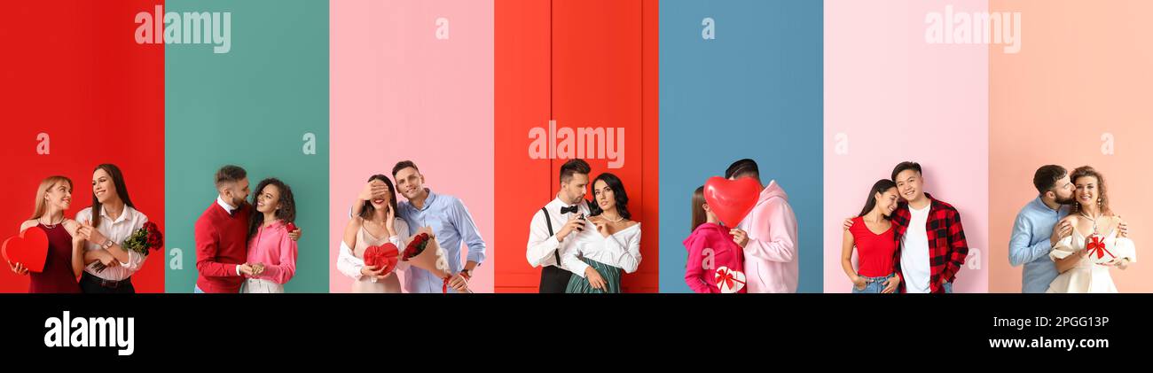 Group of happy couples on color background Stock Photo - Alamy