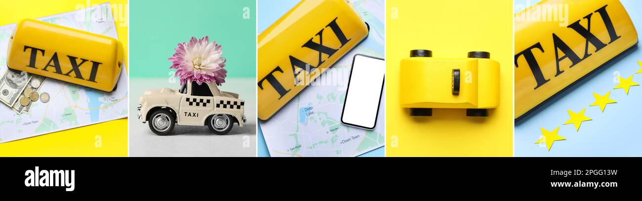 Collage of taxi roof sign with toy cars, map, money and mobile phone on ...