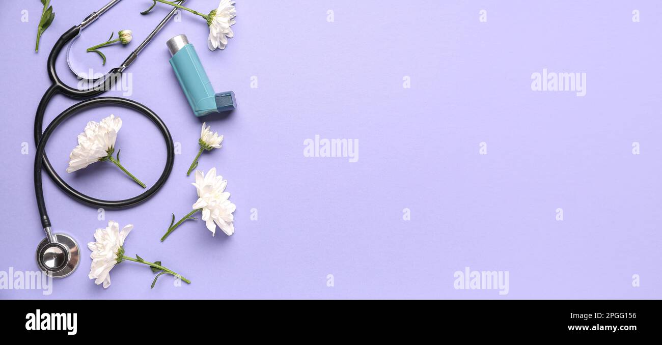 Inhaler, flowers and stethoscope on lilac background with space for ...