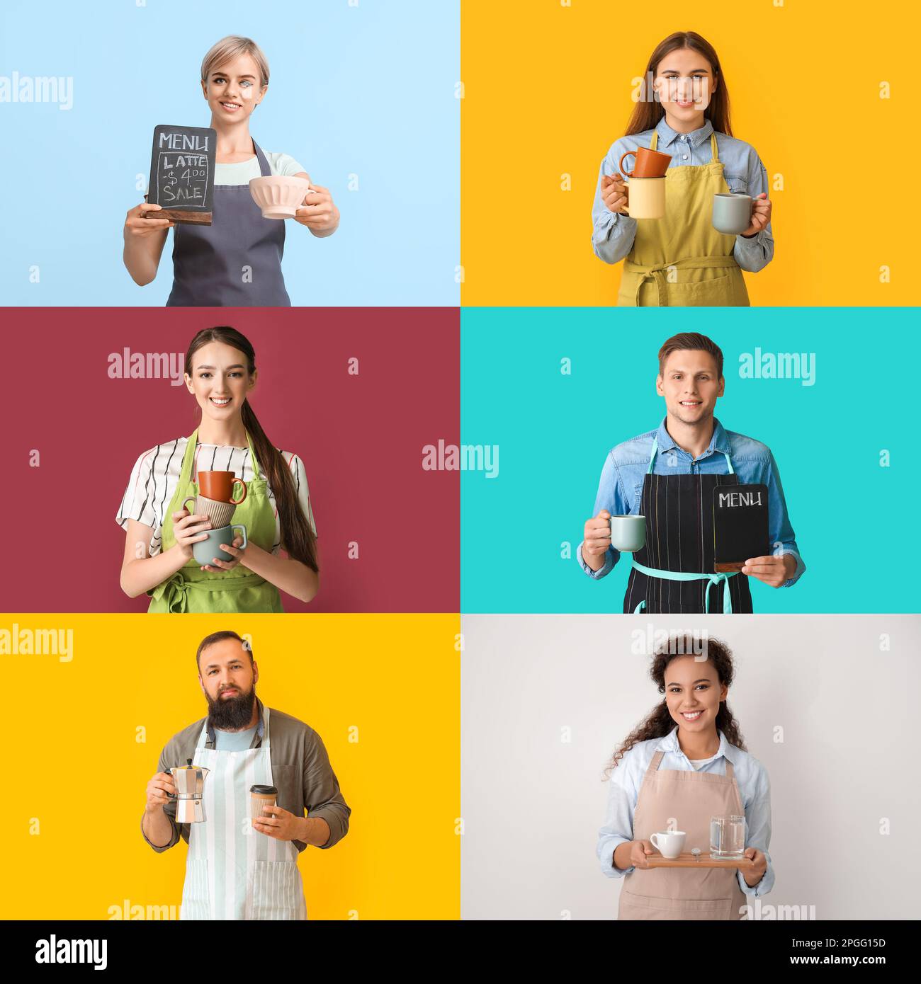 Group of baristas on color background Stock Photo - Alamy