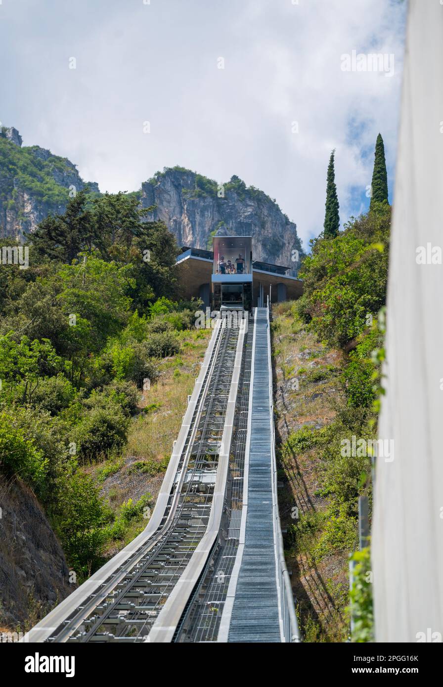 The Riva funicular, the Bastione Scenic Lift from Riva town on Lake ...
