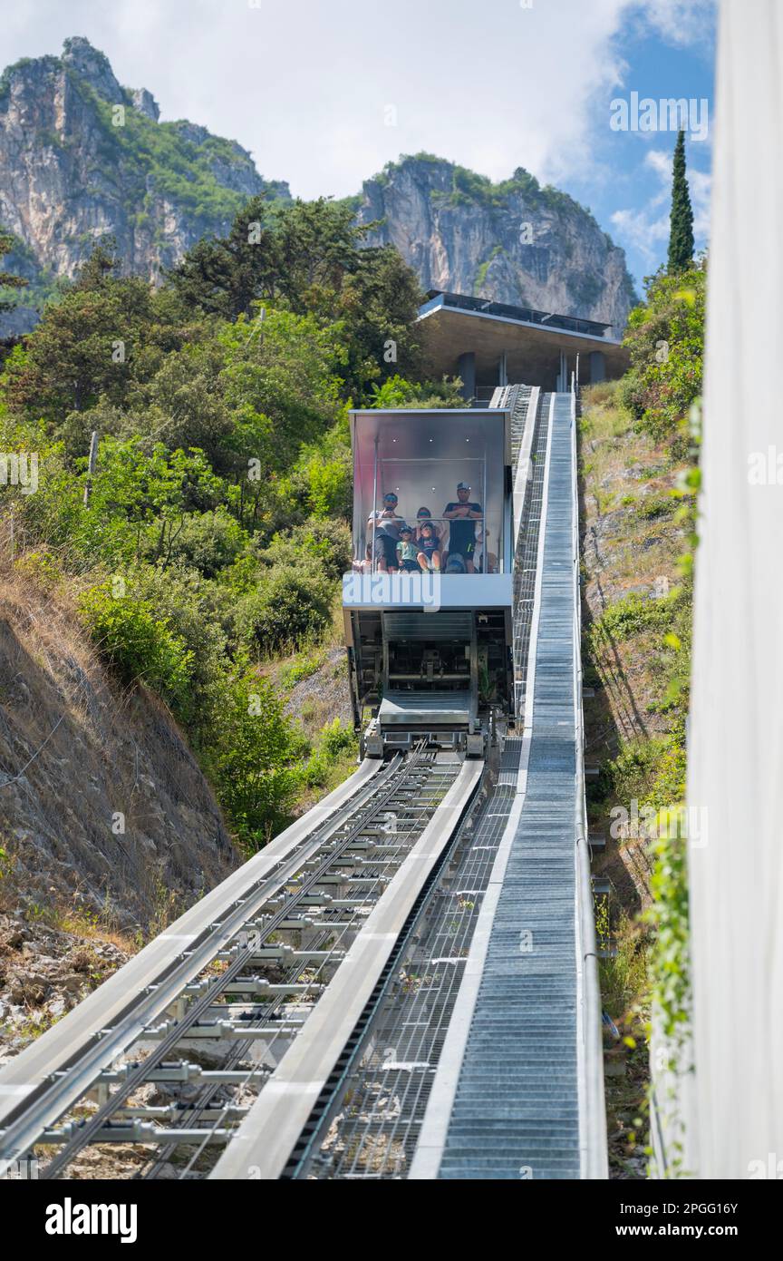The Riva funicular, the Bastione Scenic Lift from Riva town on Lake ...